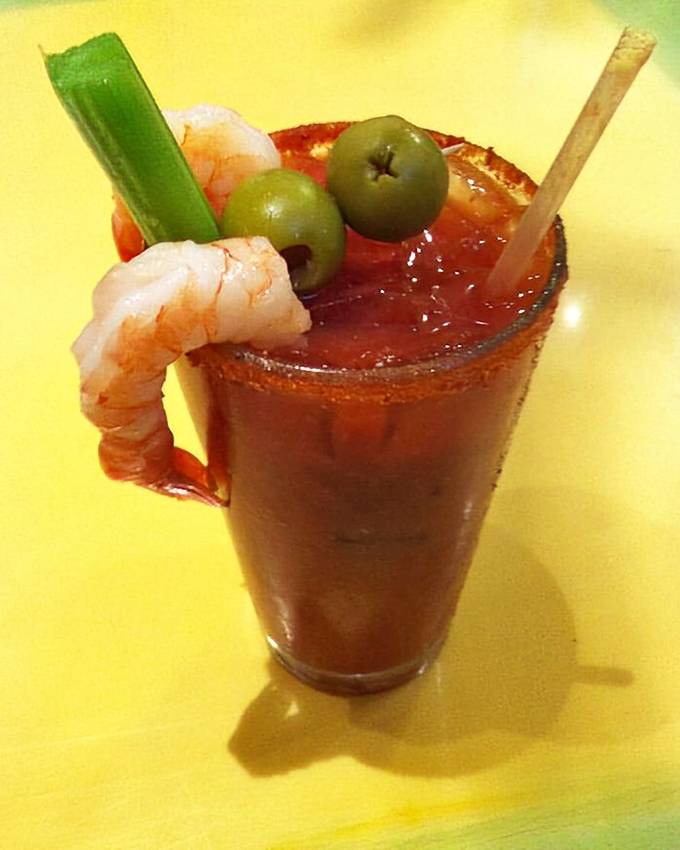 A Bloody Mary that doubles as an appetizer. That shrimp garnish is just showing off, and we're here for it.