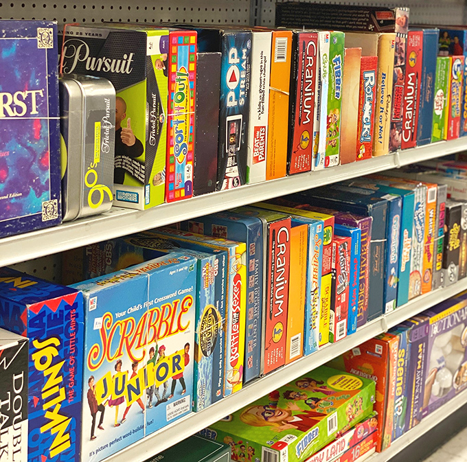 Game night just got more affordable! From Scrabble Junior to Trivial Pursuit, family fun awaits on these packed shelves.
