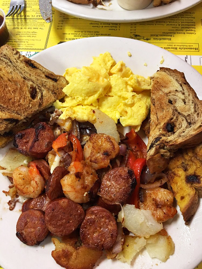 Breakfast jambalaya that brings the party to your plate. Sausage, shrimp, and eggs create a morning medley that would make New Orleans proud.