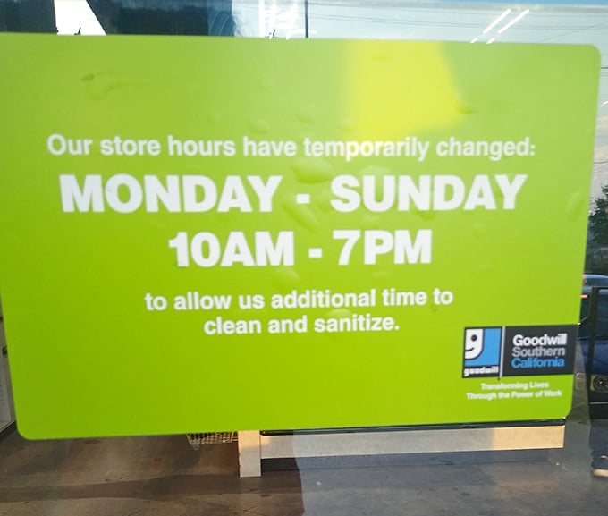 Even bargain hunters need boundaries. The store hours sign reminds us that treasure hunting requires planning and timing.