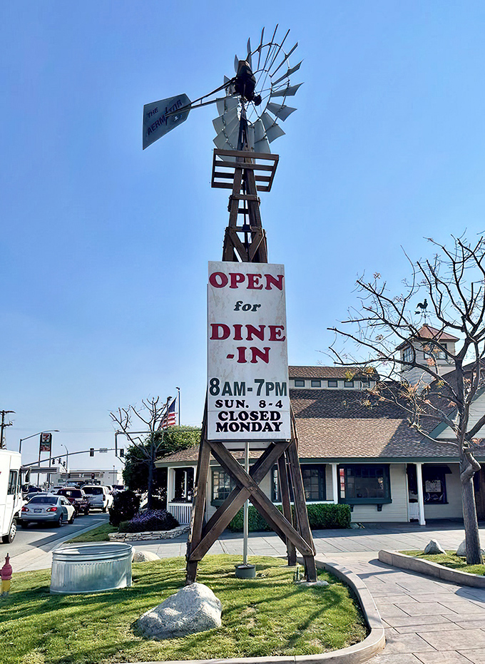 "OPEN for DINE-IN"—four words that read like poetry when mounted on a windmill in Bakersfield's bright blue sky.