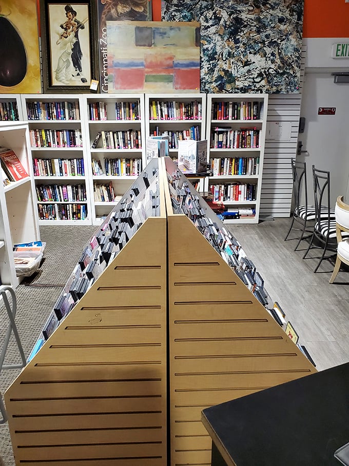 Literary treasures and media memories line the shelves, proving that good stories, like good furniture, deserve a second home.