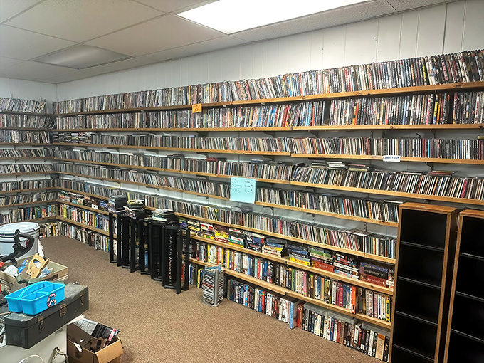 DVD library that would make any streaming service jealous. Thousands of titles line these walls, promising movie nights without subscription fees.