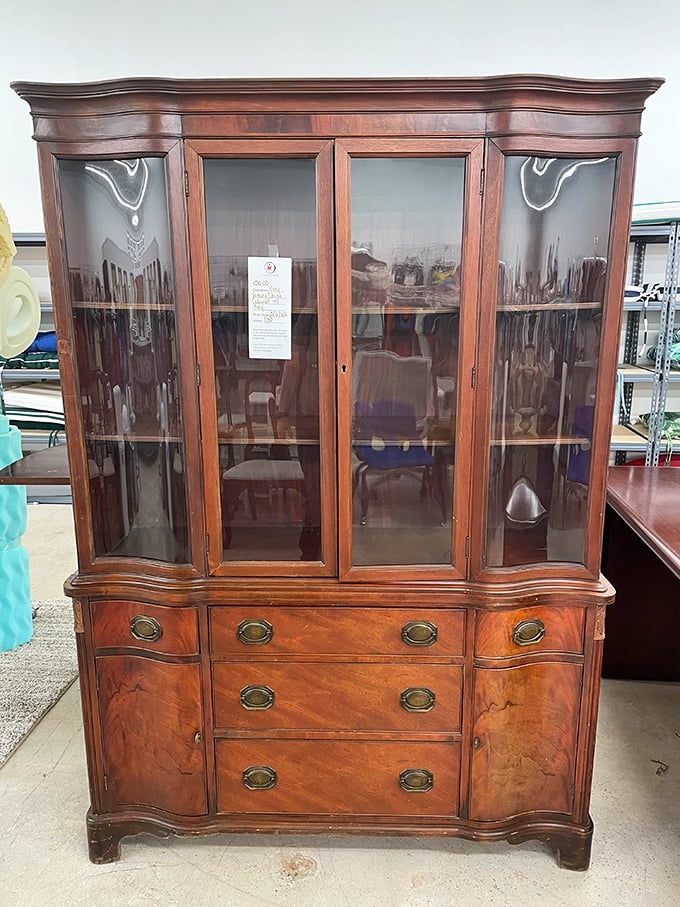 Grandma's china cabinet gets a second act. Solid wood craftsmanship that's outlived several smartphone generations and will outlive several more.