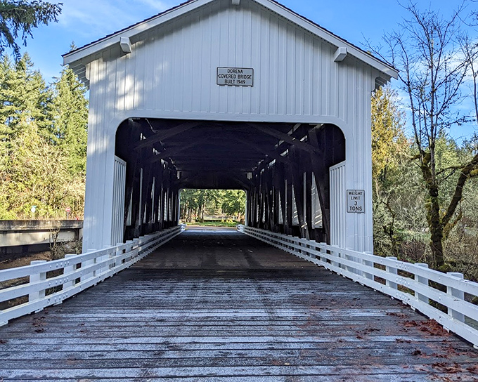 The tunnel-like perspective draws your eye through history, each wooden plank a page in Oregon's story of connection and craftsmanship.