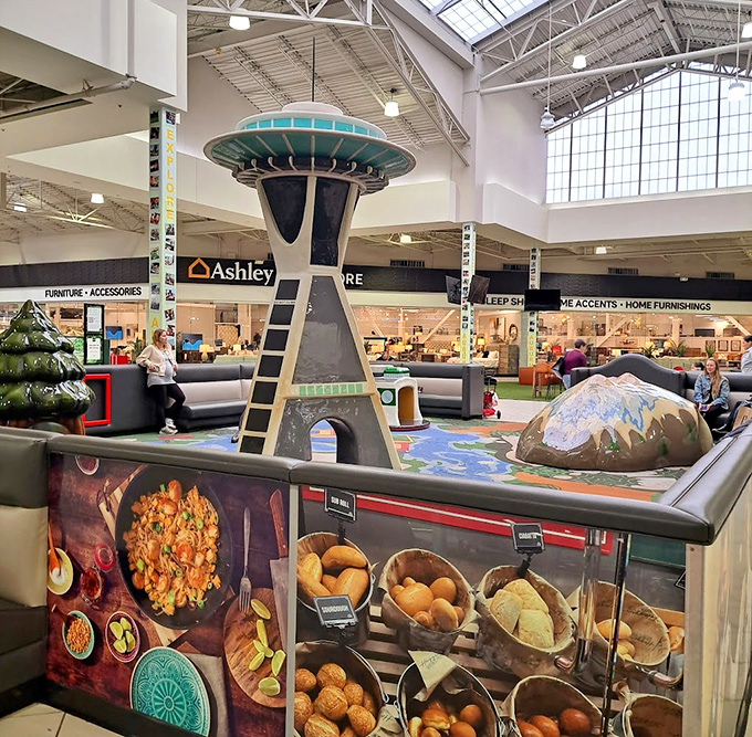 Seattle's iconic Space Needle reimagined as a children's play area. Cultural landmarks are always better when they're surrounded by tiny handprints.