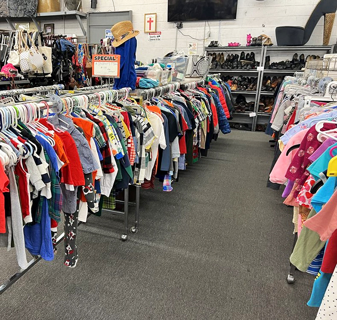 Children's clothing organized by color and size, making it surprisingly easy to outfit growing kids without draining college savings funds.