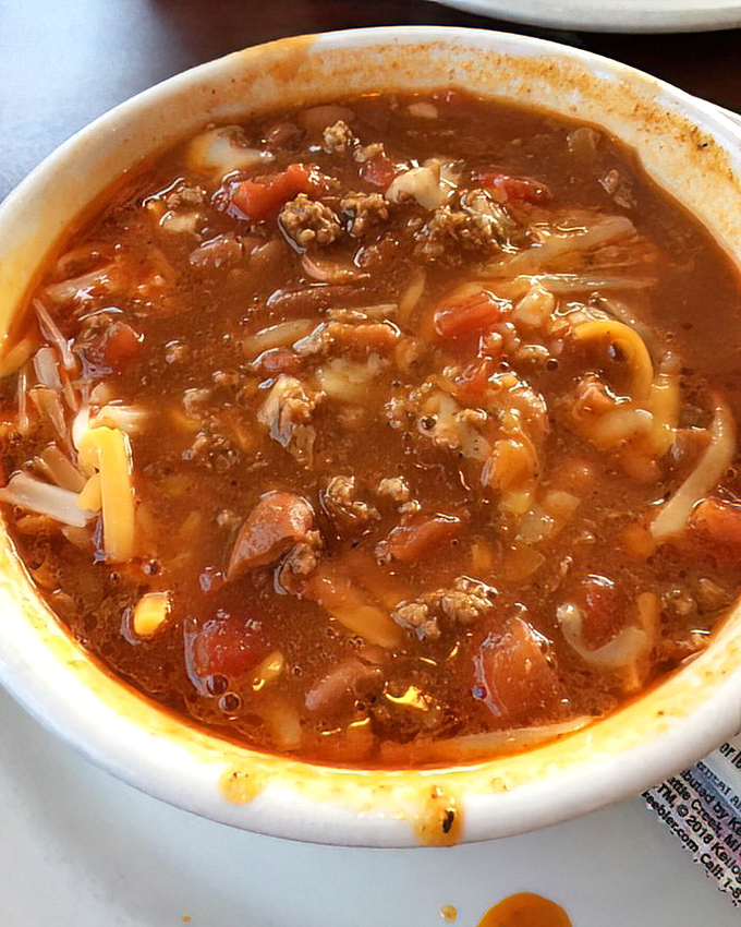 A proper diner chili should have enough substance to stand a spoon in and enough flavor to make you forget your table manners.