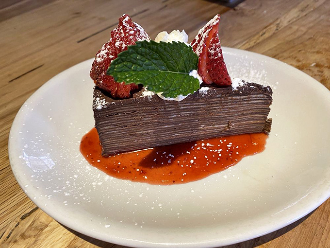 Chocolate crepe cake that makes you wonder if counting layers is more satisfying than eating them. (Spoiler: it's not).