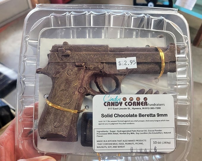 Even the chocolate gets fruity inspiration here&mdash;this cocoa firearm proves Indiana creativity extends well beyond oversized produce.