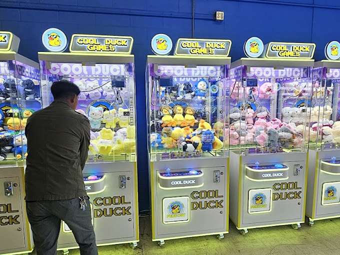 Claw machines standing like sentinels of childhood wonder. The universal truth: we all believe we're just one quarter away from snagging that perfect plush prize.
