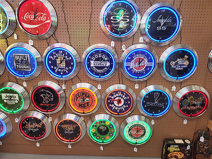 Neon clocks tick away, each one set to a different decade's version of "fashionably late."