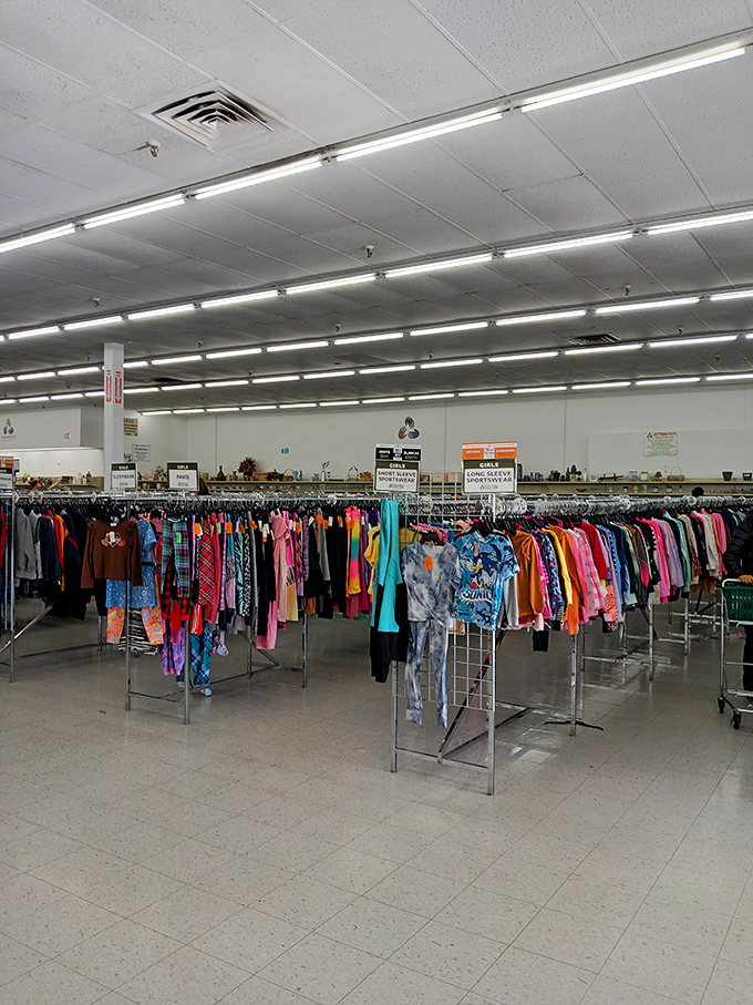 The clothing section: a rainbow of possibilities where fashion meets function, and yesterday's trends find tomorrow's appreciative owners.