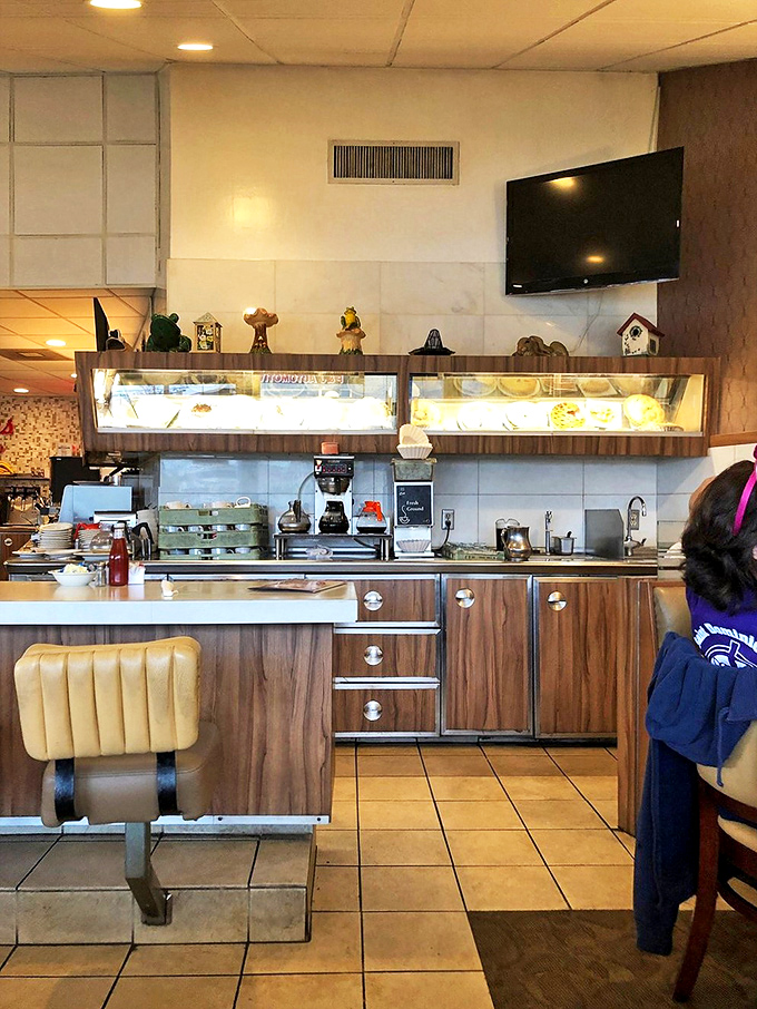 Retro wooden cabinetry and cozy counter seating&mdash;where coffee flows freely and breakfast decisions are contemplated with care.