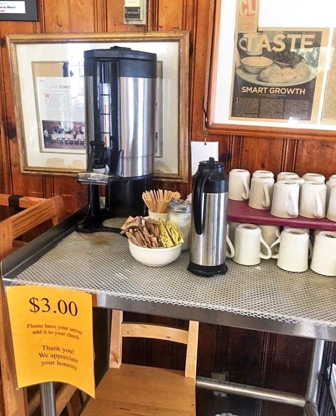The self-serve coffee station&mdash;where $3 buys you liquid fuel for the food adventure ahead, served with a side of honesty policy.