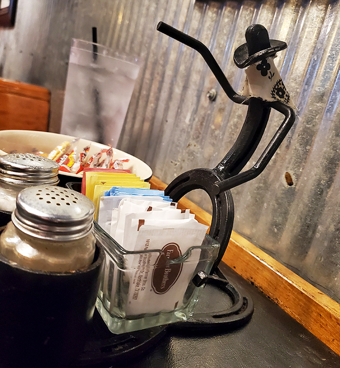 Even the condiment holder has personality, proving that details matter when you're serious about dining.