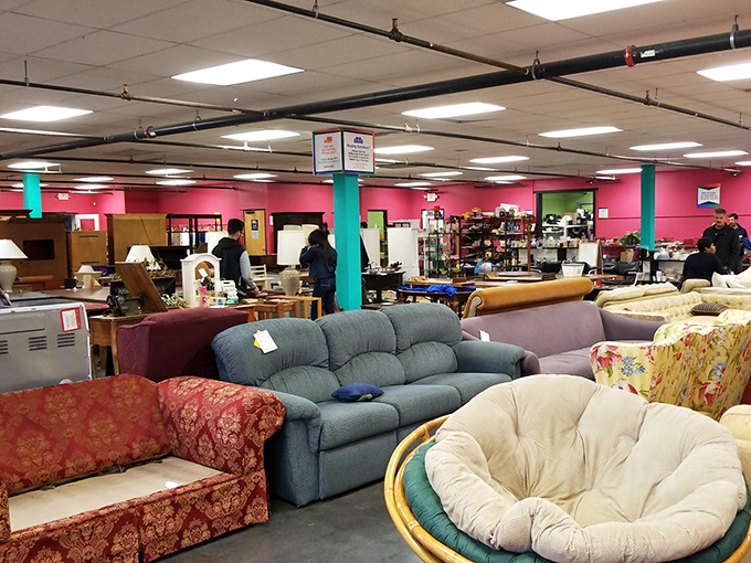 Sofa safari at its finest! That papasan chair is practically begging you to curl up with a thrifted paperback.