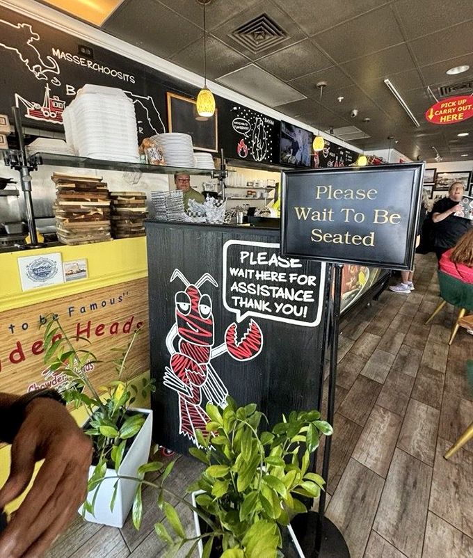 The hostess stand features a cheeky lobster cartoon &ndash; your first clue that this place takes its seafood seriously but itself, not so much.