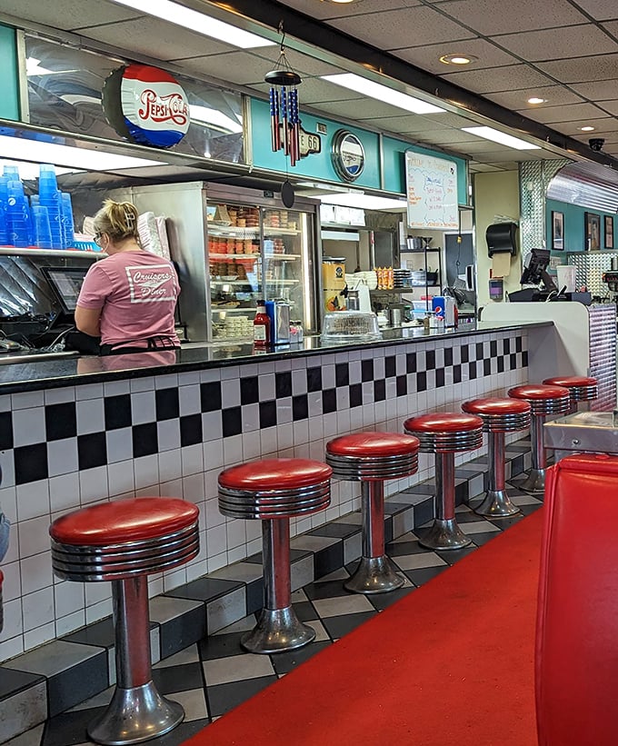 The counter seats aren't just places to eat; they're front-row tickets to the greatest show in Seaman&mdash;breakfast made with decades of practice.