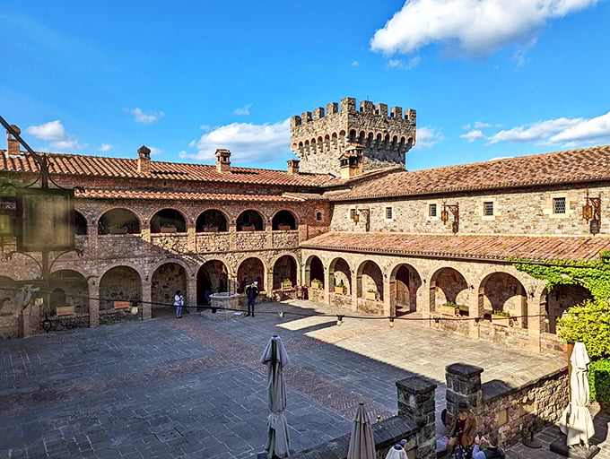 The courtyard where centuries-old architecture meets Napa sunshine, proving time travel is possible with enough determination.