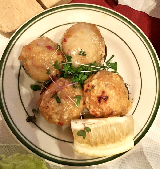 Crab-stuffed mushroom caps that make you wonder why all mushrooms aren't stuffed with crab. Life's too short for naked fungi.