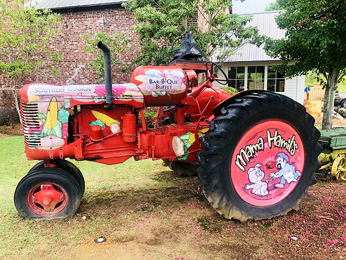 A custom-painted tractor proudly announcing the restaurant's name because subtlety is overrated when your food is this outstanding and memorable.