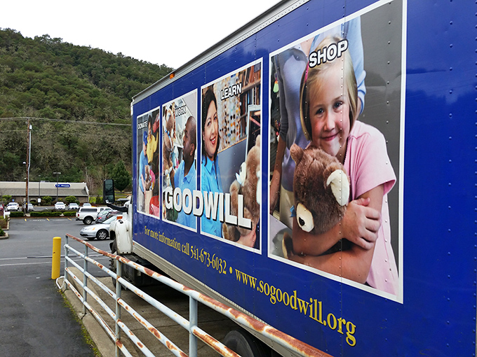 The Goodwill donation truck showcases the organization's mission. Your castoffs become someone else's treasures while supporting job training programs.