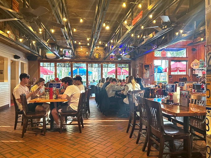 The bustling dining room hums with the energy of satisfied customers, string lights overhead adding a touch of magic to everyday meals.