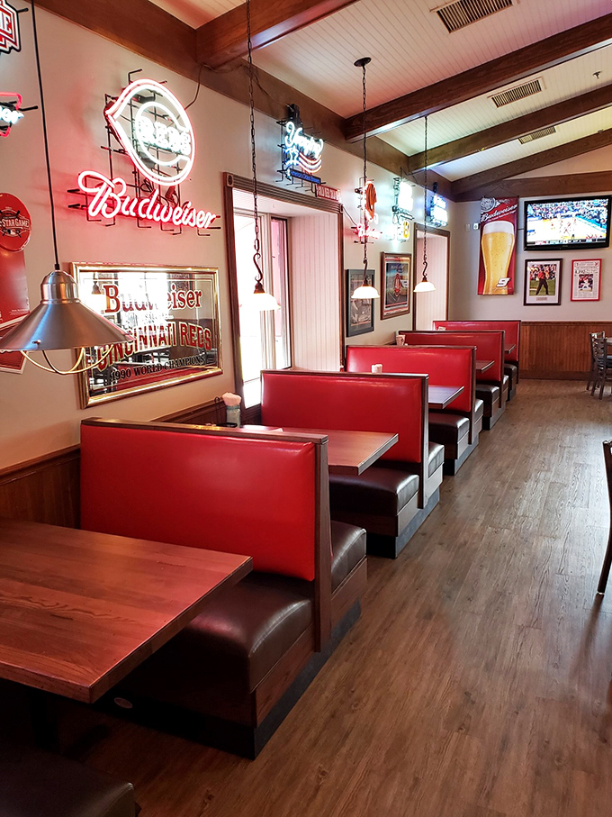 Red booths and neon beer signs create that classic American restaurant vibe that says, "Yes, calories count, but sometimes memories matter more."