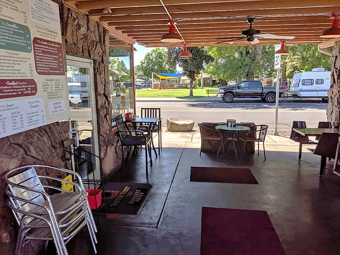 Outdoor seating that invites you to linger, where Central Oregon's blue skies become the perfect ceiling for burger contemplation.
