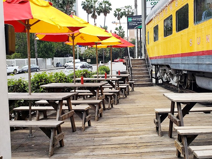 The outdoor patio offers a different kind of California dining experience&mdash;wooden picnic tables under bright umbrellas with a side of people-watching.