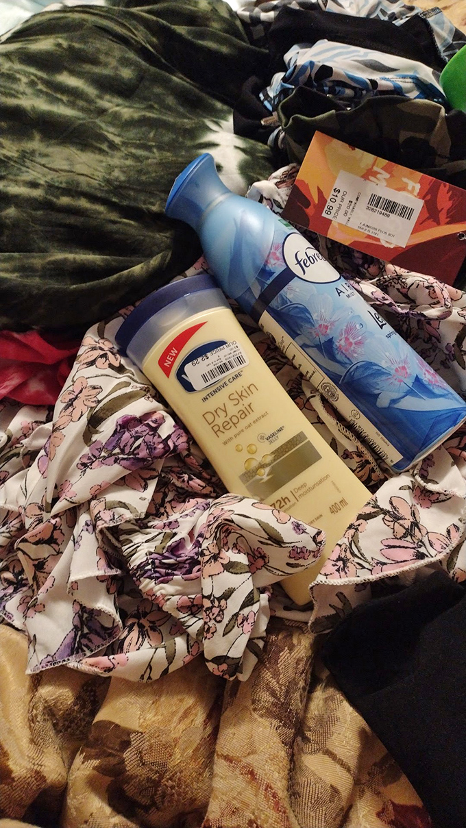 Treasure hunting evidence: discounted skincare finds nestled among fabric bargains—the quintessential Gabe's shopping experience in one image.