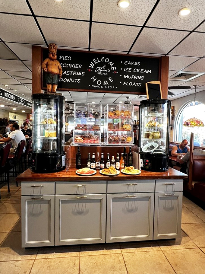 The dessert display case tempts with homemade treats that make choosing dessert delightfully difficult.