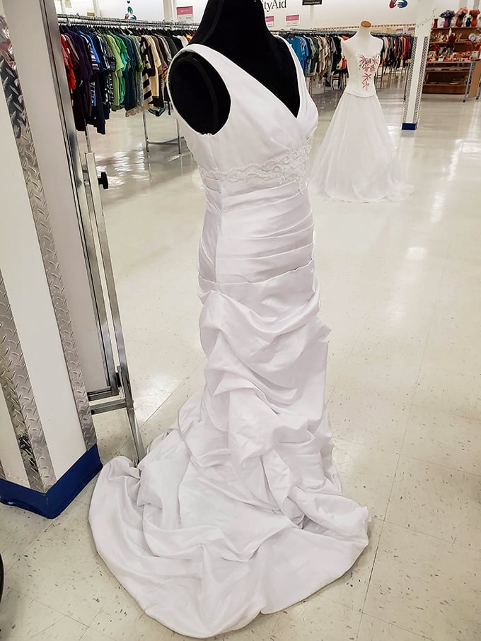 Wedding dreams don't need nightmare prices, as these elegant white gowns stand ready for their "something borrowed" moment.