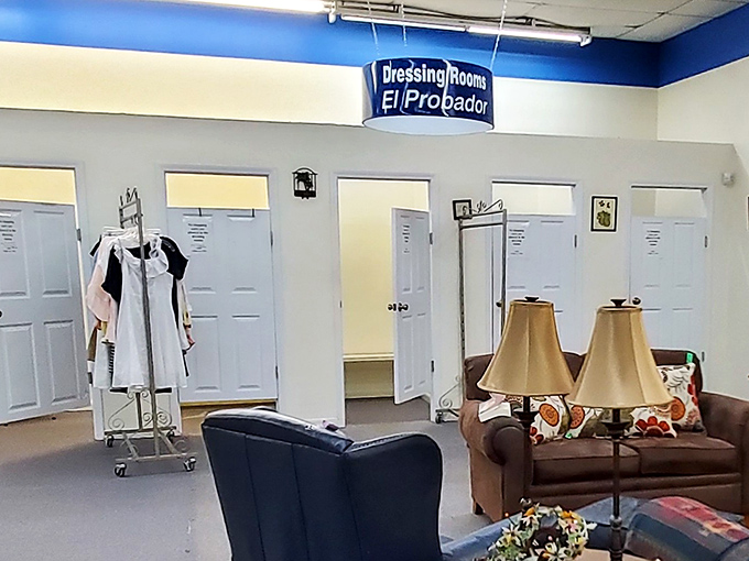 The dressing room setup that makes "try before you buy" feel almost luxurious. Complete with comfy couch for friends giving honest opinions about those vintage jeans.