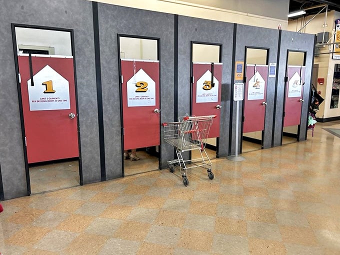 Dressing rooms: where thrift store optimism meets reality. The numbered doors lead to moments of "absolutely not" or "where have you been all my life?"