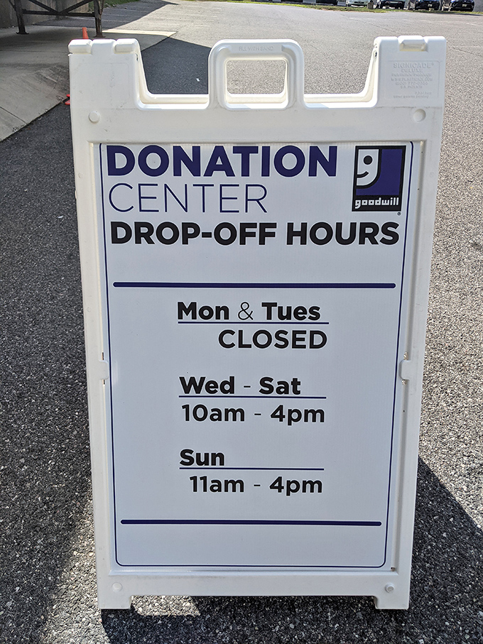 The donation center hours clearly posted, making it easy to pass along your own treasures for others to discover.
