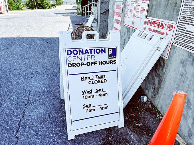 The donation drop-off schedule – where your decluttering becomes someone else's treasure hunt, Wednesday through Sunday.