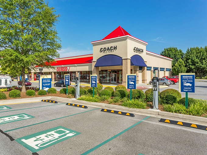 Shopping evolves with the times. EV charging stations ensure your Tesla can recharge while you deplete your bank account in the Coach store.