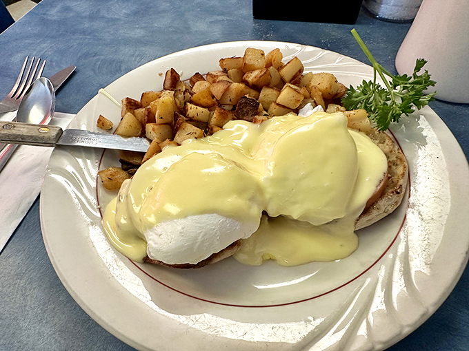 Eggs Benedict: where hollandaise sauce flows like liquid gold over poached eggs and English muffins &ndash; breakfast's answer to formal wear.