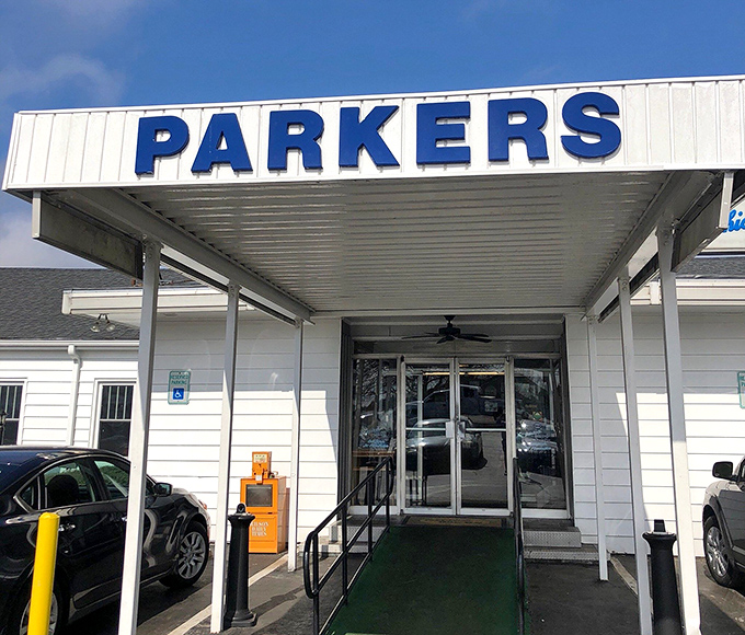 The entrance that's welcomed barbecue pilgrims for generations. That "PARKERS" sign might as well say "You've arrived at your destination."
