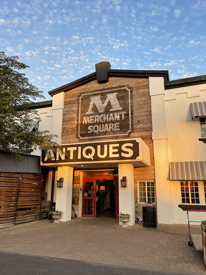 Sunset casts a golden glow on Merchant Square's wooden facade, transforming the antique marketplace into a treasure chest waiting to be opened.
