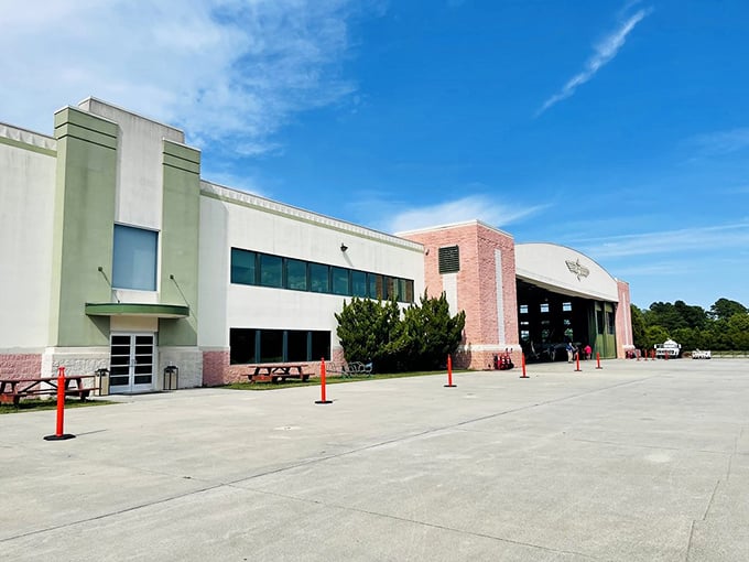 The museum's exterior blends modern functionality with architectural nods to the golden age of military aviation.