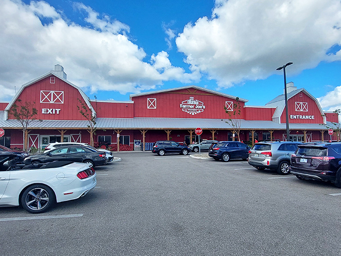 Farmer Joe's red barn exterior promises farm-fresh without having to dodge actual farm animals. Grocery shopping with architectural personality.