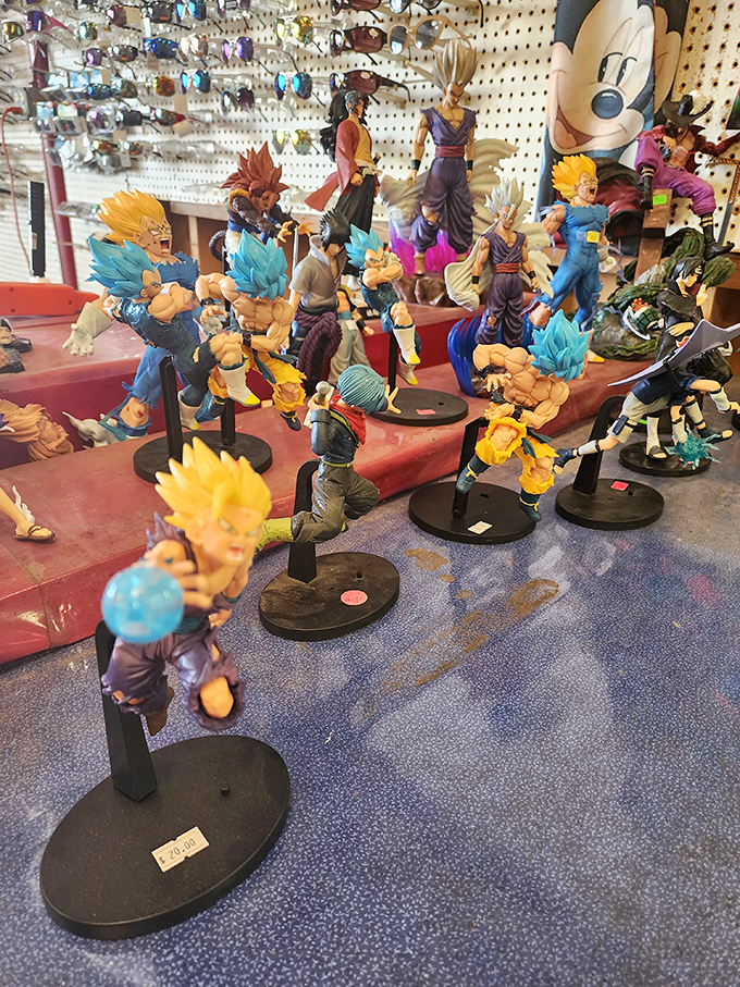 Anime figurines strike powerful poses, silently battling for the attention of collectors and the honor of prime shelf position.