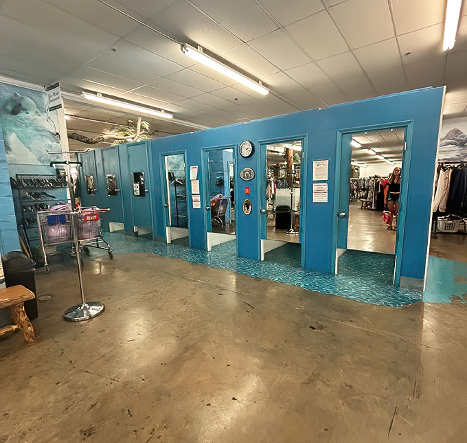 The fitting room area gets a lakeside makeover with its cheerful blue paint job. Try before you buy in these practical privacy pods.