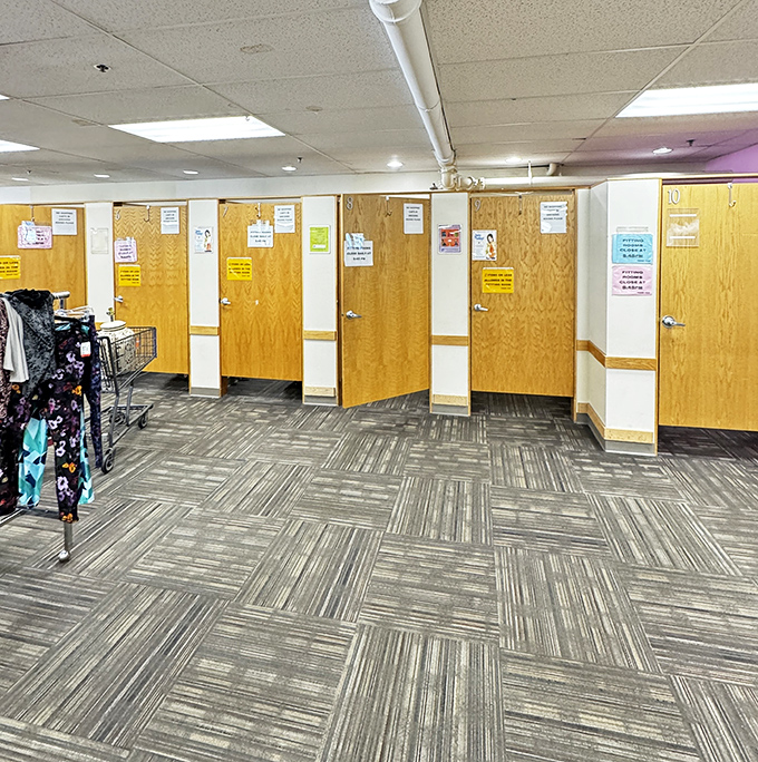 The moment of truth happens behind these wooden doors. These fitting rooms have witnessed countless "yes!" moments and occasional "what was I thinking?" revelations.