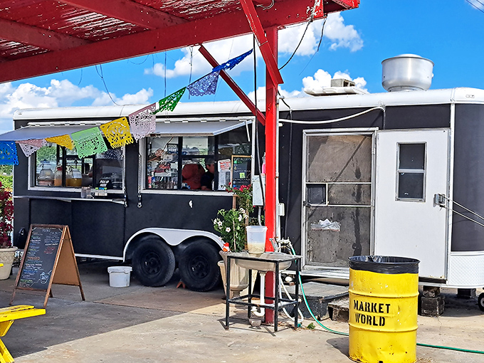 Food truck fuel station! This mobile kitchen serves up quick bites to sustain serious shoppers through marathon bargain-hunting sessions.