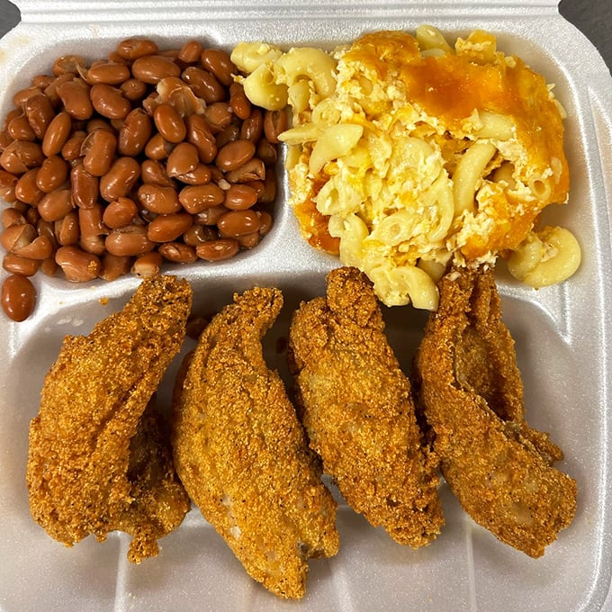 Golden-fried ocean perch with mac and cheese and baked beans&mdash;the kind of meal that makes you want to hug the chef and never let go.
