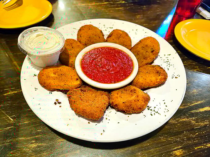 Fried ravioli arranged like a sunburst&mdash;because appetizers should make you smile before you even taste them.